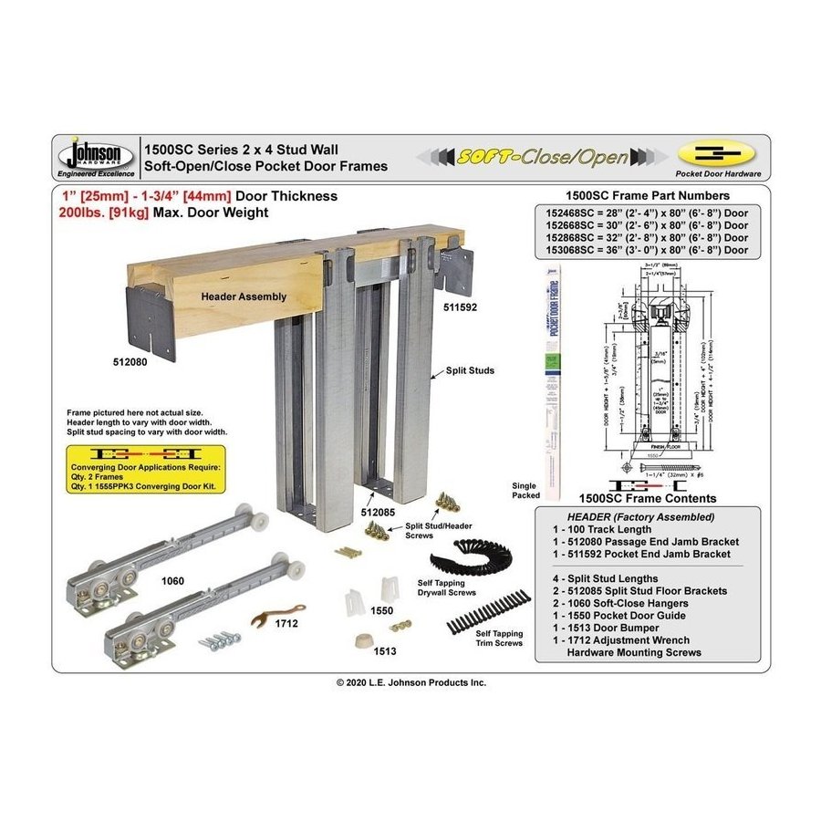 Johnson Hardware 152880SC, 1500SC Series Soft- Close Wall Pocket Door ...