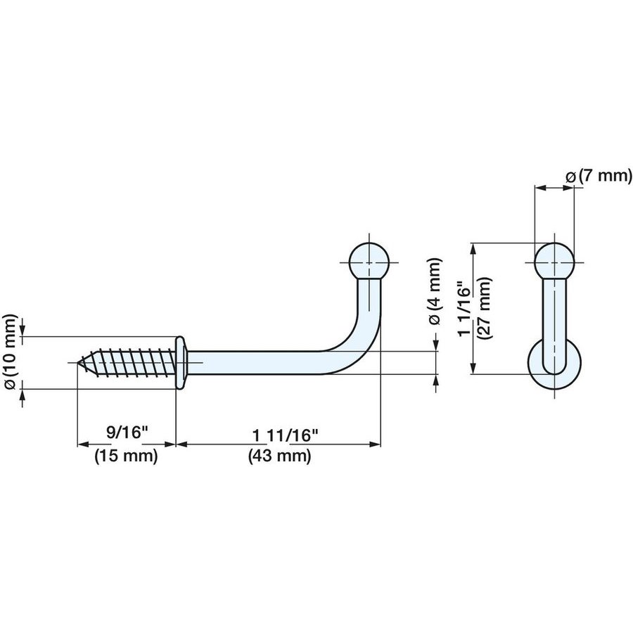 Sugatsune TY-40-15, 1-1/16 Inch Height x 1-23/32 Inch Projection Wire Screw-In Cup Hook ...