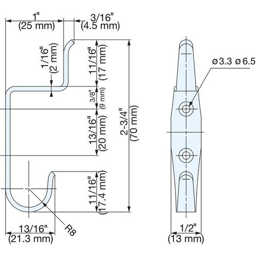 Sugatsune RI-074, 2-3/4 Inch Height x 1/2 Inch Width Strap Double Hook, Satin | CabinetParts.com